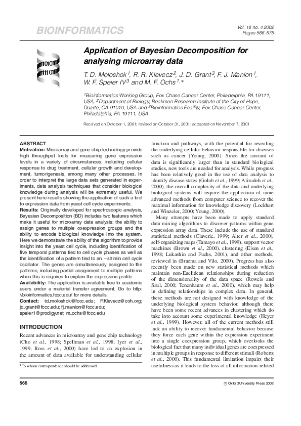 Pdf Application Of Bayesian Decomposition For Analysing Microarray