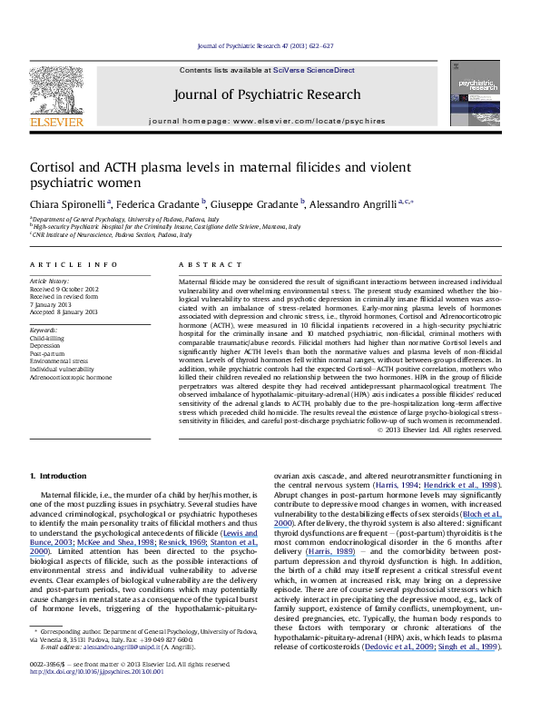 (PDF) Cortisol and ACTH plasma levels in maternal filicides and violent ...