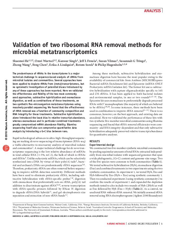 (PDF) Validation of two ribosomal RNA removal methods for microbial ...