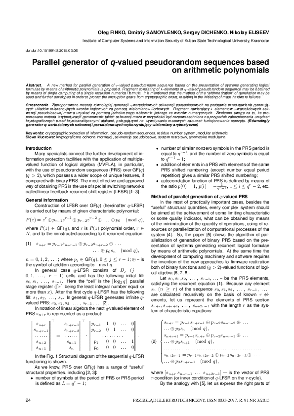 Pdf Parallel Generator Of Q Valued Pseudorandom Sequences Based On Arithmetic Polynomials