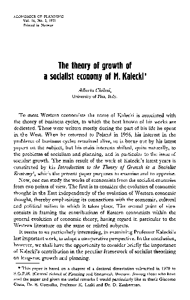 (PDF) The theory of growth of a socialist economy of M. Kalecki