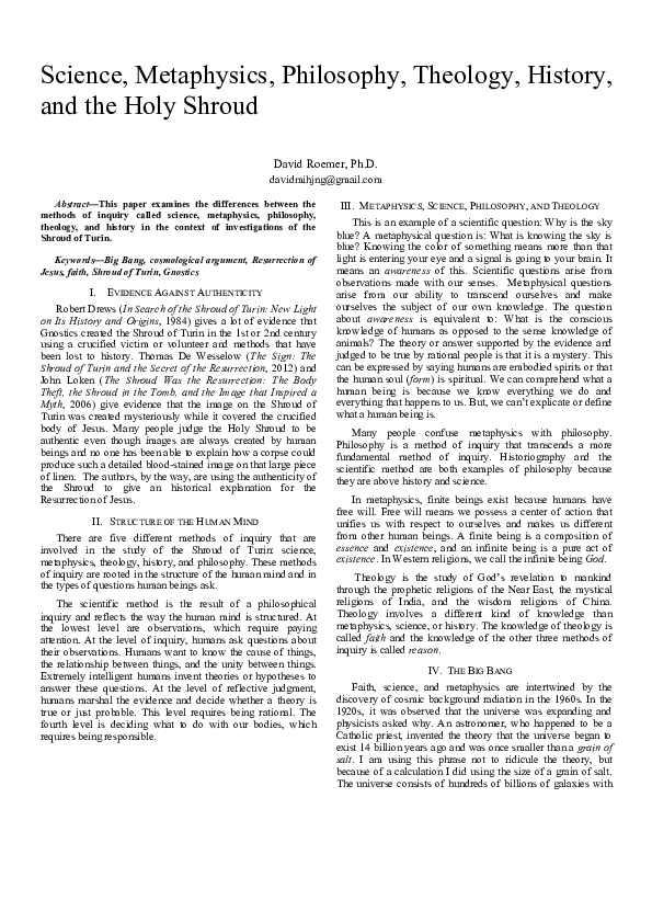 (PDF) Science, Metaphysics, Philosophy, Theology, History, and the Holy ...