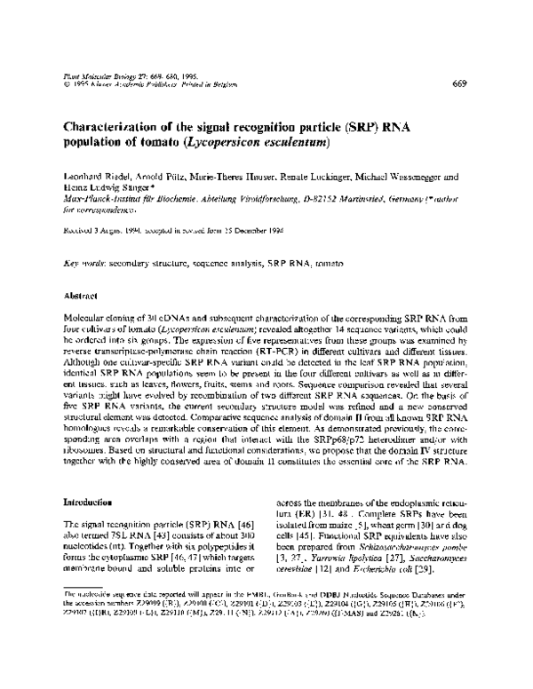 (PDF) Characterization of the signal recognition particle (SRP) RNA population of tomato ...