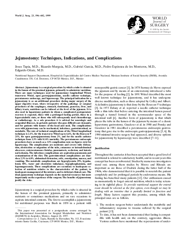 (PDF) Jejunostomy: Techniques, Indications, and Complications