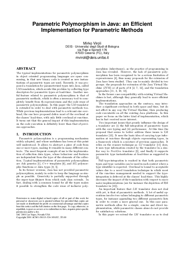 (PDF) Parametric polymorphism in Java (an efficient implementation for parametric methods)