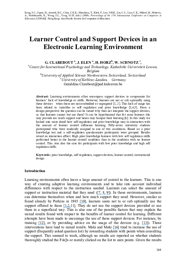 (PDF) Learner Control and Support Devices in an Electronic Learning ...