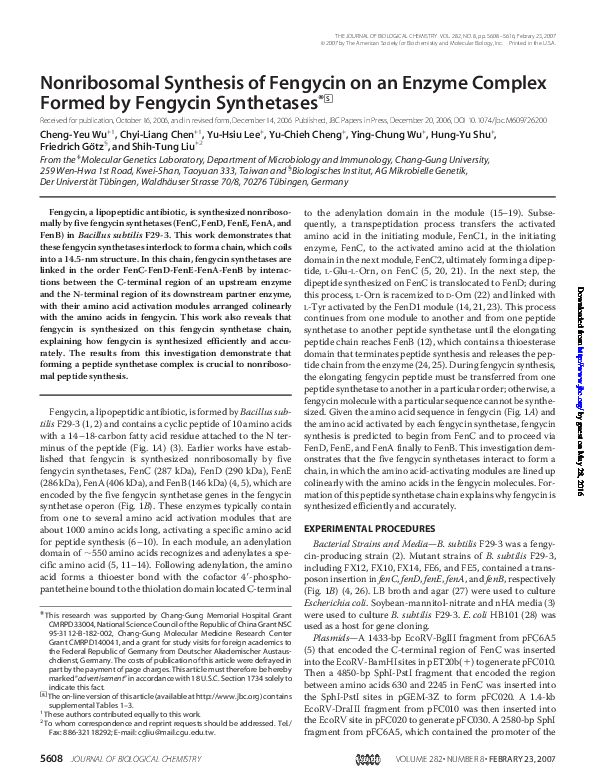 (PDF) Nonribosomal Synthesis of Fengycin on an Enzyme Complex Formed by ...