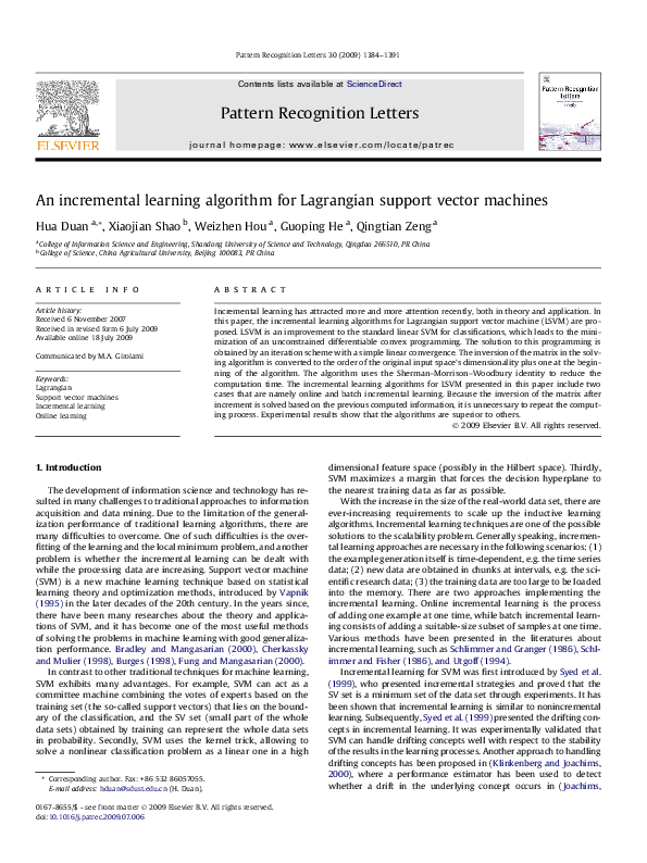 Pdf An Incremental Learning Algorithm For Lagrangian Support Vector