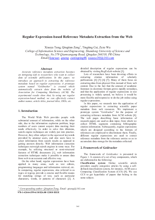 (PDF) Regular expression-based reference metadata extraction from the web