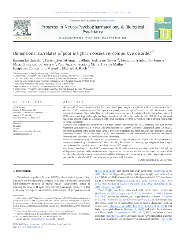 (PDF) Dimensional correlates of poor insight in obsessive–compulsive ...
