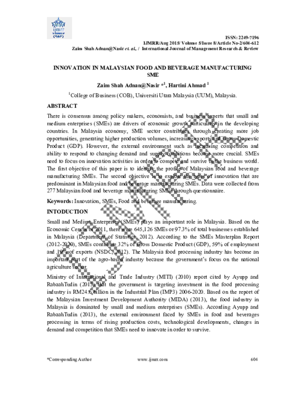 (PDF) INNOVATION IN MALAYSIAN FOOD AND BEVERAGE MANUFACTURING SME