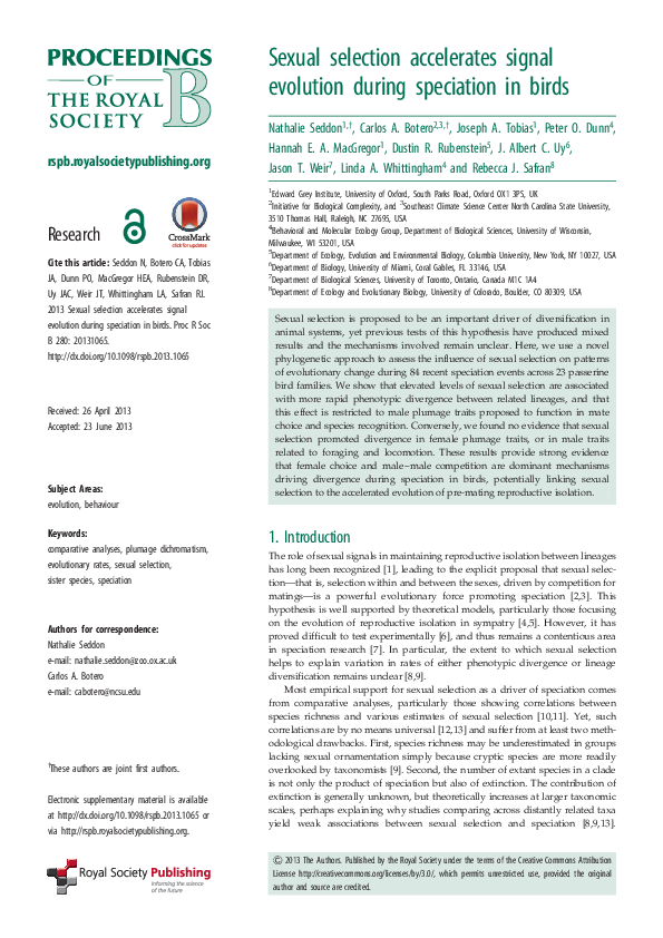 (PDF) Sexual selection accelerates signal evolution during speciation ...