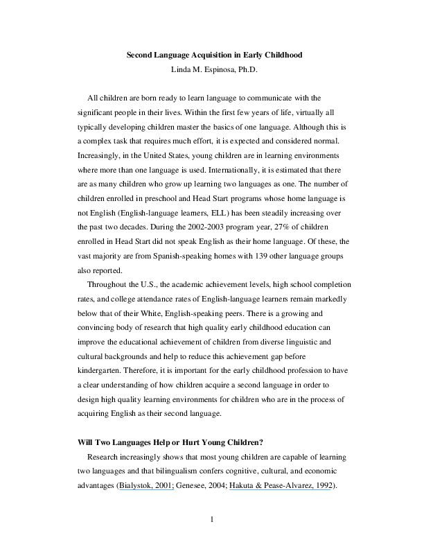 (PDF) Second Language Acquisition in Early Childhood