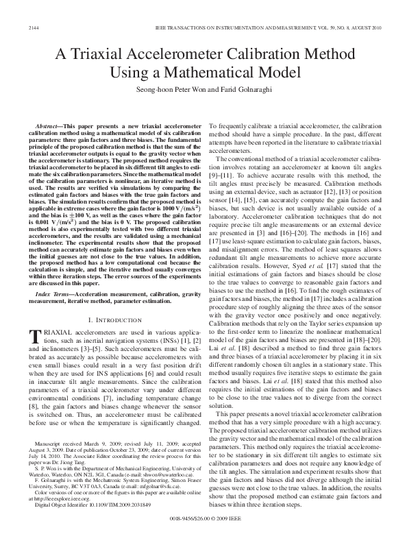 Pdf A Triaxial Accelerometer Calibration Method Using A Mathematical
