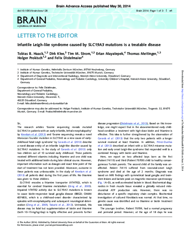 (PDF) Infantile Leigh-like syndrome caused by SLC19A3 mutations is a ...