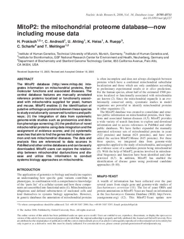 (PDF) MitoP2: the mitochondrial proteome database--now including mouse data