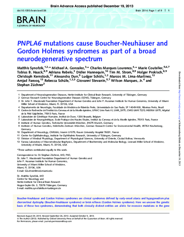(PDF) PNPLA6 mutations cause Boucher-Neuhauser and Gordon Holmes ...