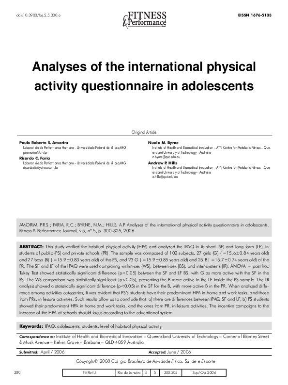 (PDF) Analyses of the international physical activity questionnaire In adolescents