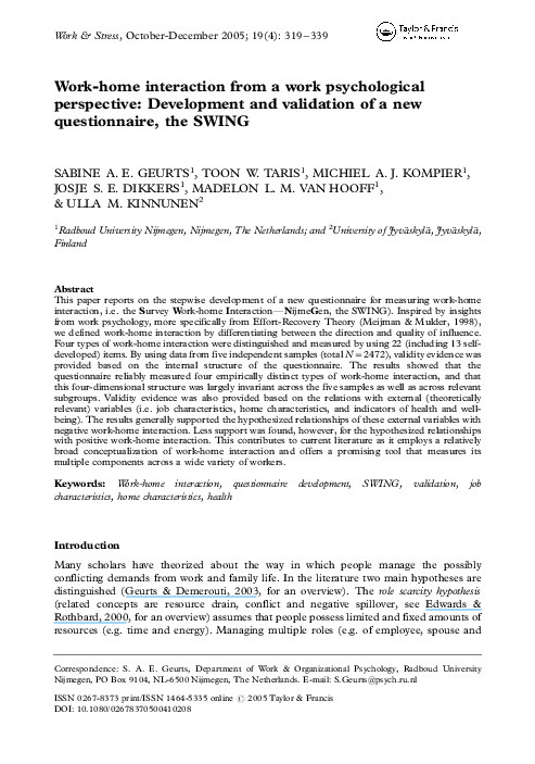 (PDF) Work-home interaction from a work psychological perspective ...