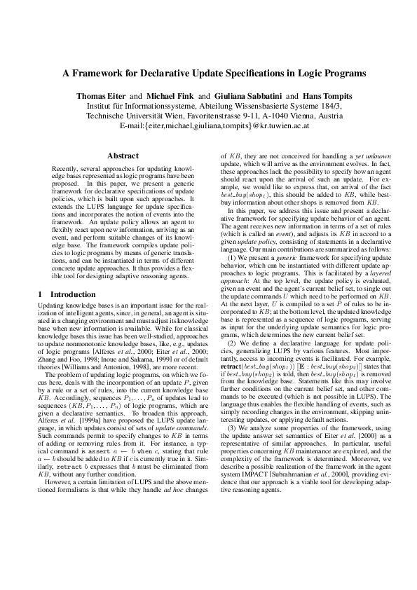 (PDF) A framework for declarative update specifications in logic programs
