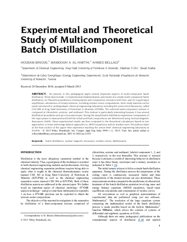 (PDF) Experimental and theoretical study of multicomponent batch distillation