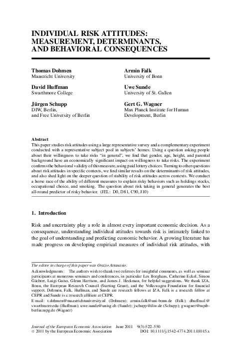 (PDF) Individual Risk Attitudes: Measurement, Determinants and Behavioral Consequences