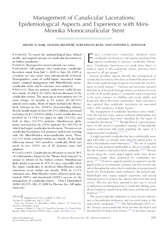 (PDF) Management of Canalicular Lacerations: Epidemiological Aspects ...