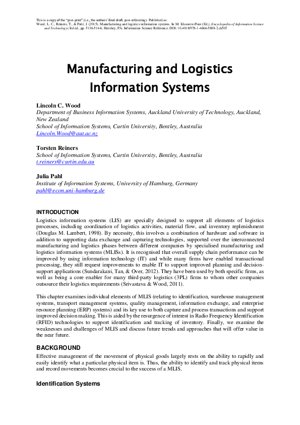 (PDF) Manufacturing and Logistics Information Systems