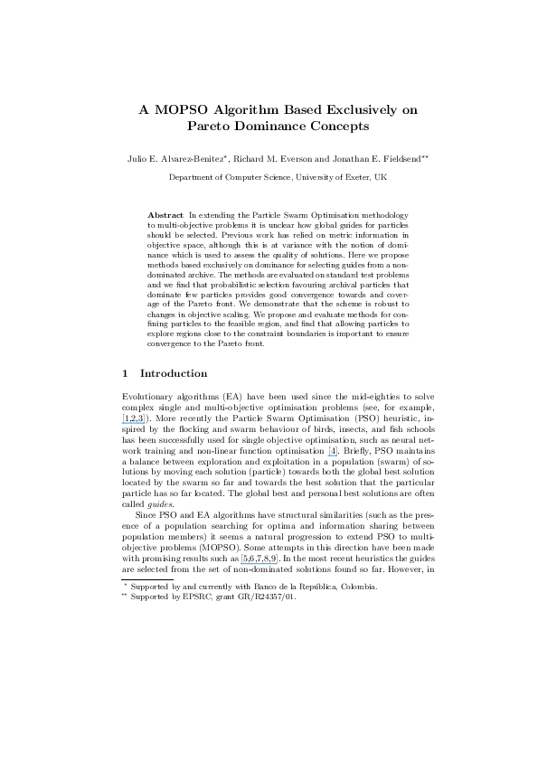 (PDF) A MOPSO Algorithm Based Exclusively on Pareto Dominance Concepts