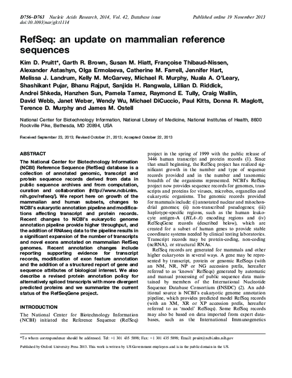 (PDF) RefSeq: an update on mammalian reference sequences