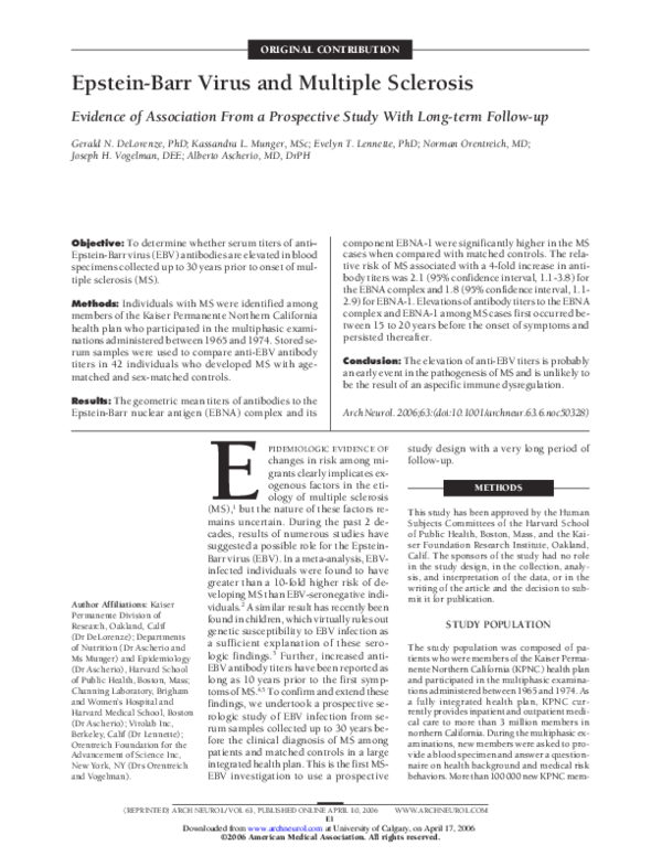 (PDF) Epstein-Barr Virus and Multiple Sclerosis