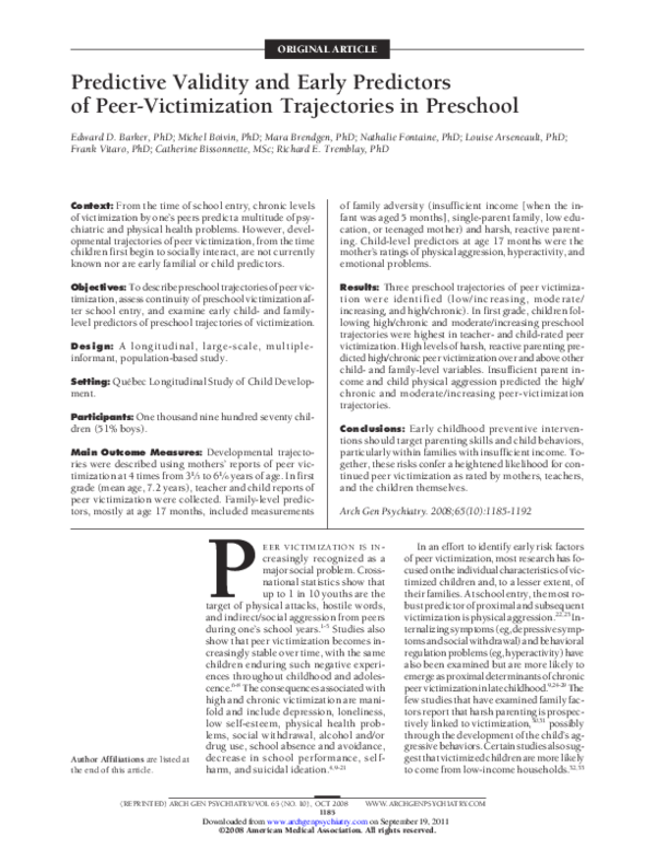 (PDF) Predictive Validity and Early Predictors of Peer-Victimization Trajectories in Preschool