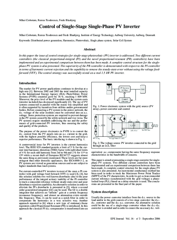 Control of Single-Stage Single-Phase PV Inverter