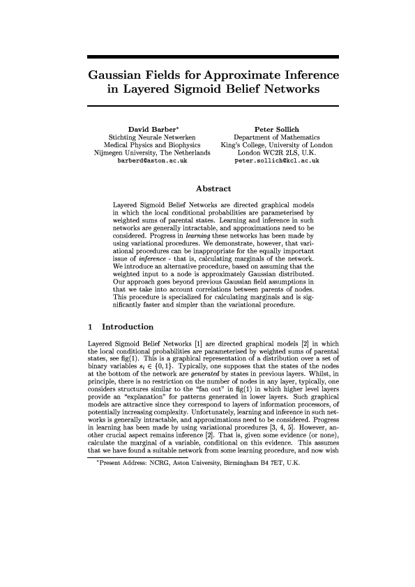 (PDF) Gaussian Fields for Approximate Inference in Layered Sigmoid Belief Networks