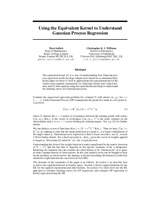 (PDF) Using the Equivalent Kernel to Understand Gaussian Process Regression