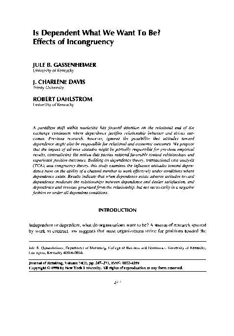 (PDF) Is dependent what we want to be? effects of incongruency