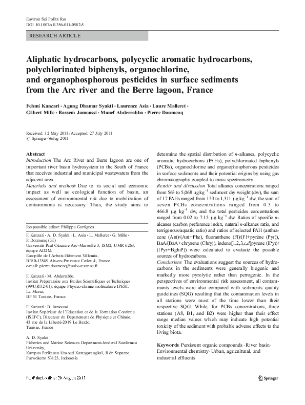 (PDF) Aliphatic hydrocarbons, polycyclic aromatic hydrocarbons, polychlorinated biphenyls ...