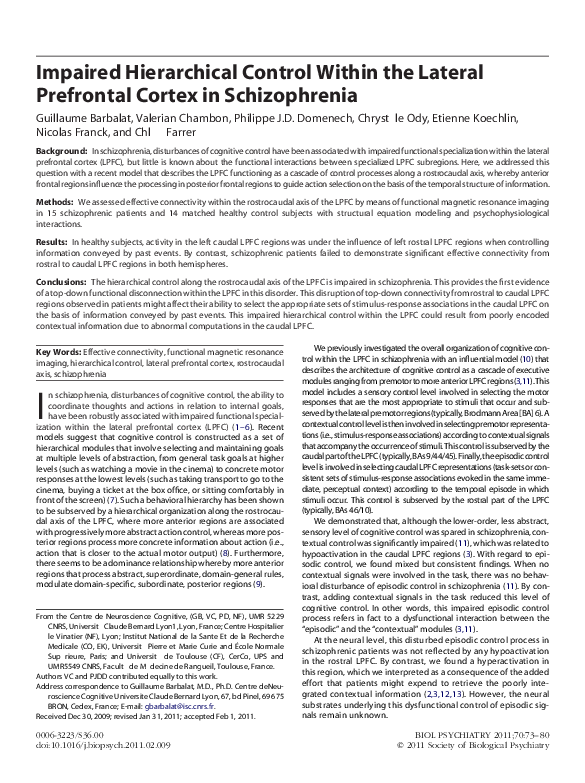 (PDF) Impaired Hierarchical Control Within the Lateral Prefrontal Cortex in Schizophrenia