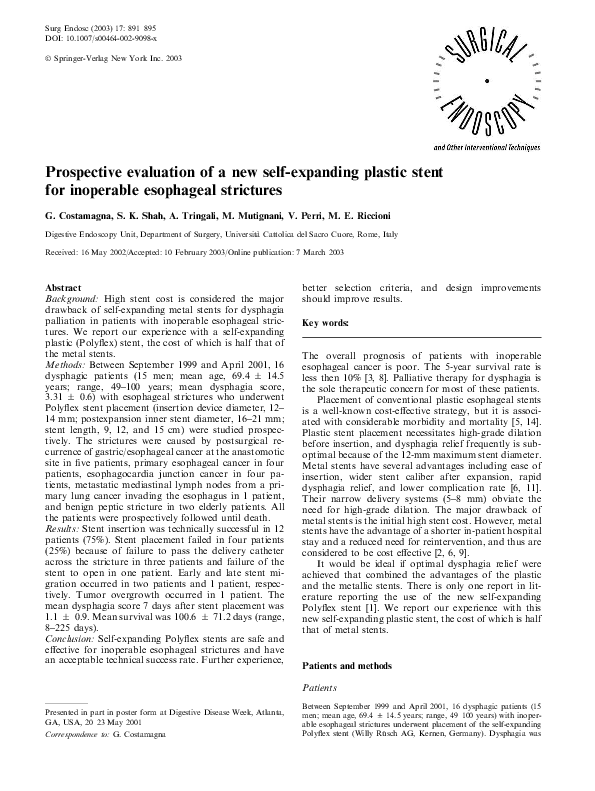 (PDF) Prospective evaluation of a new self-expanding plastic stent for ...