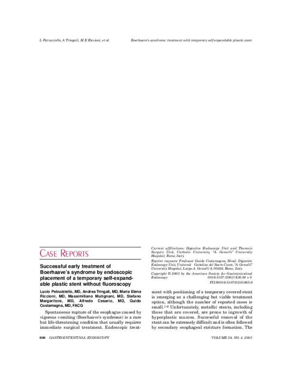 (PDF) Successful early treatment of Boerhaave's syndrome by endoscopic ...