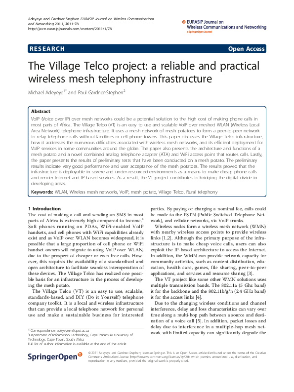 (PDF) The Village Telco project: a reliable and practical wireless mesh ...