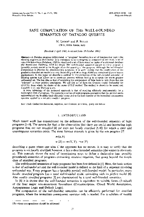 (PDF) Safe computation of the well-founded semantics of datalog queries