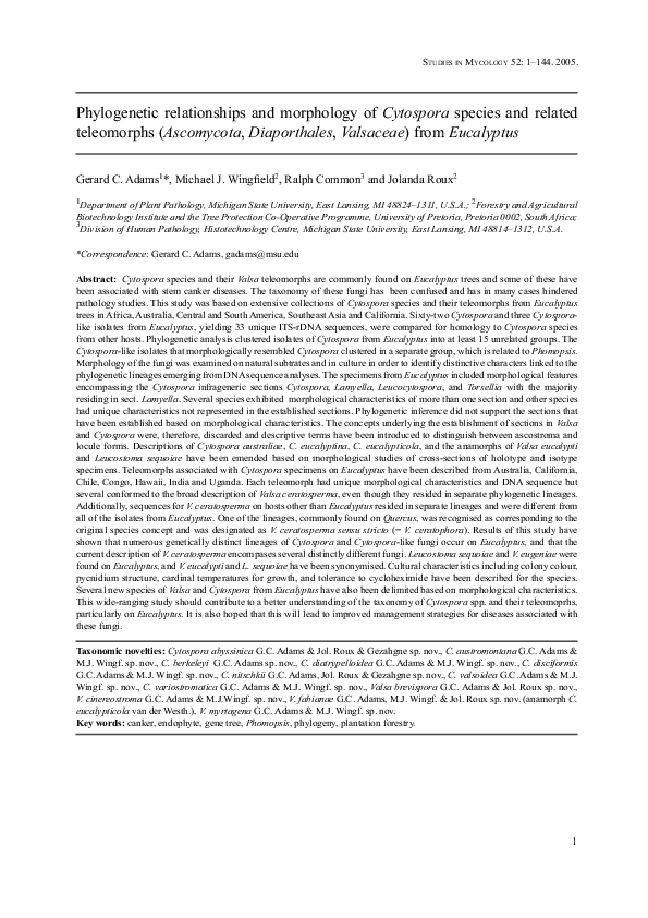 (PDF) Phylogenetic relationships and morphology of Cytospora species and related teleomorphs ...