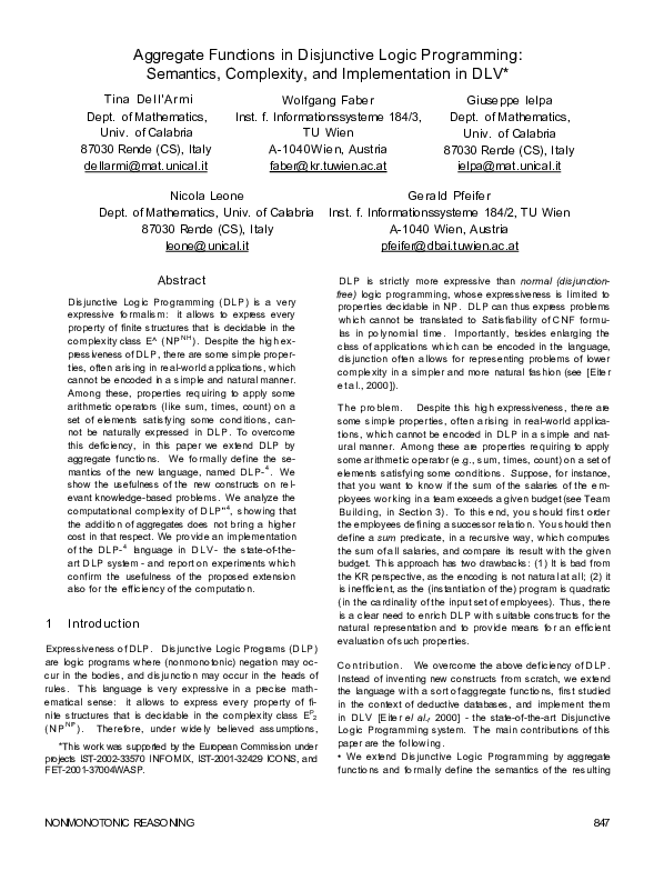 Pdf Aggregate Functions In Disjunctive Logic Programming Semantics 6865