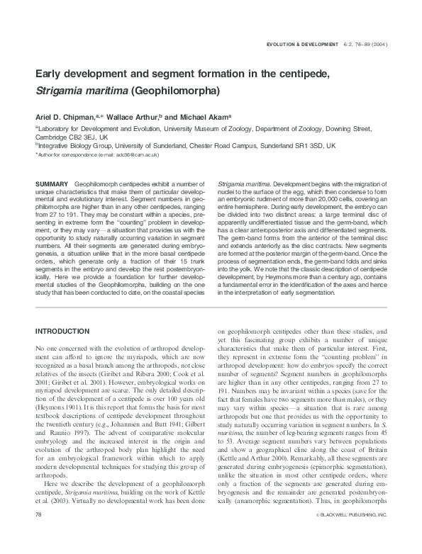 (PDF) Early development and segment formation in the centipede ...