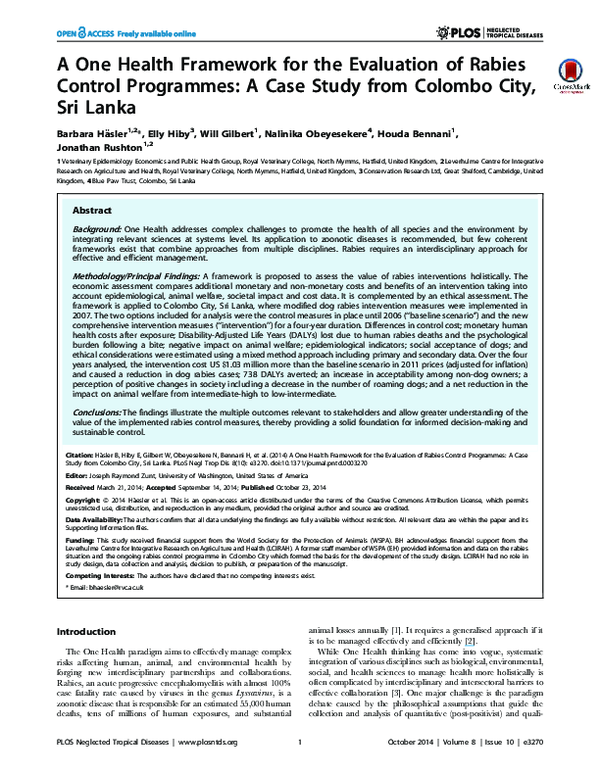 (PDF) A One Health Framework for the Evaluation of Rabies Control ...
