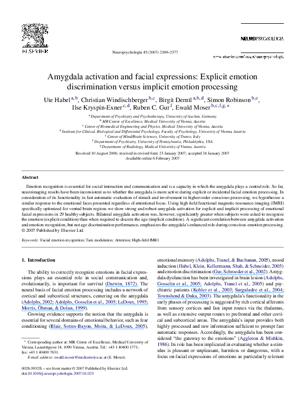 (PDF) Amygdala activation and facial expressions: Explicit emotion discrimination versus ...