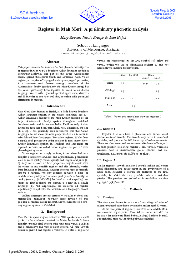 (PDF) Register in Mah Meri: A preliminary phonetic analysis