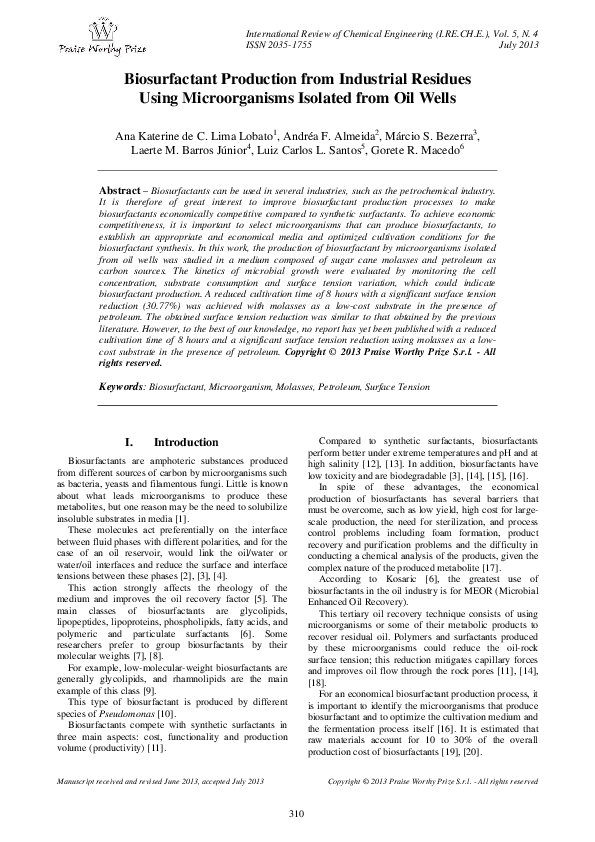 (PDF) Biosurfactant production from industrial residues using microorganisms isolated from oil wells