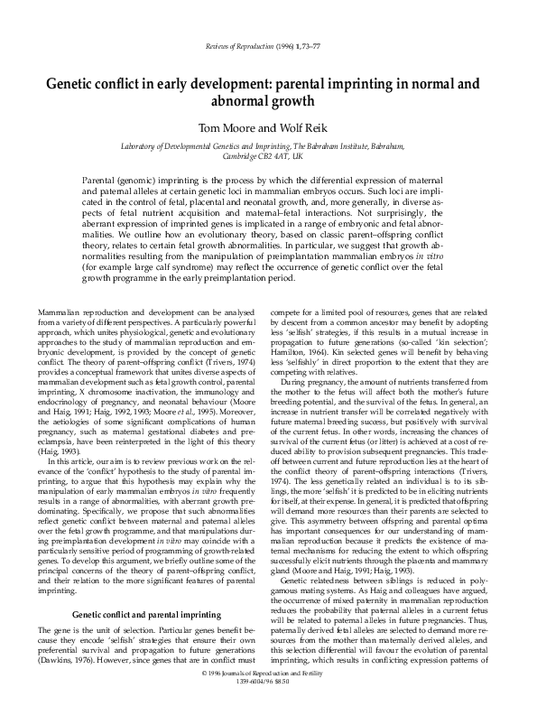 (PDF) Genetic conflict in early development: parental imprinting in ...